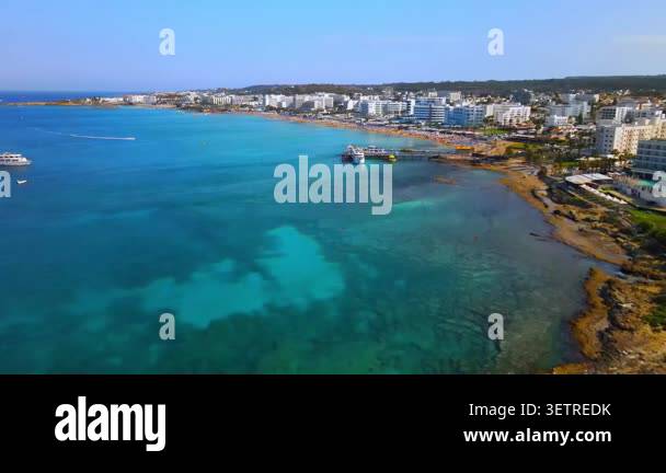 Aerial Drone View of Protaras Cyprus, Luxury Beachfront Hotels, Golden ...