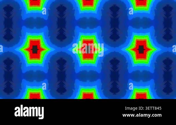 A vibrant, symmetrical geometric pattern with bold colors, intricate ...