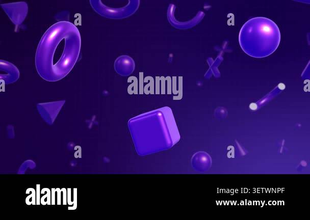 Many purple three dimensional geometric shapes float in a dark violet ...
