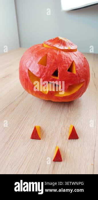 Freshly carved orange pumpkin with a smiling face for Halloween ...