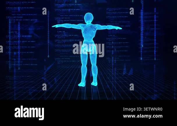 A glowing blue hologram of a human body stands with outstretched arms ...