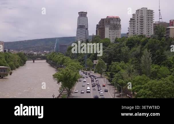 Aerial view of cars and vans driving on a busy highway along the ...