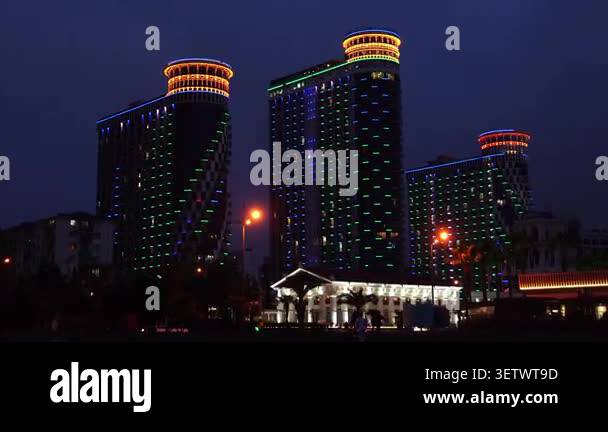 Luminous modern skyscrapers of orbi city in batumi, georgia, glowing ...
