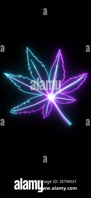 Vertical Neon Cannabis Leaf with Purple Blue Glow on Dark Background ...
