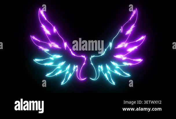 Neon Angel Wings Glowing in Blue and Purple on Black Background ...