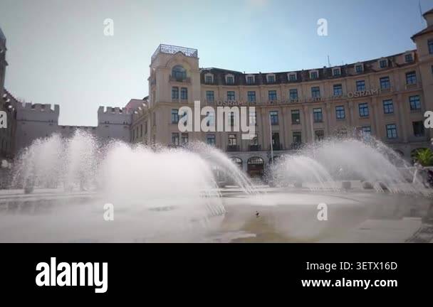 Munich Courtyard Fountain Water Jets Outside Historic Palace. High ...