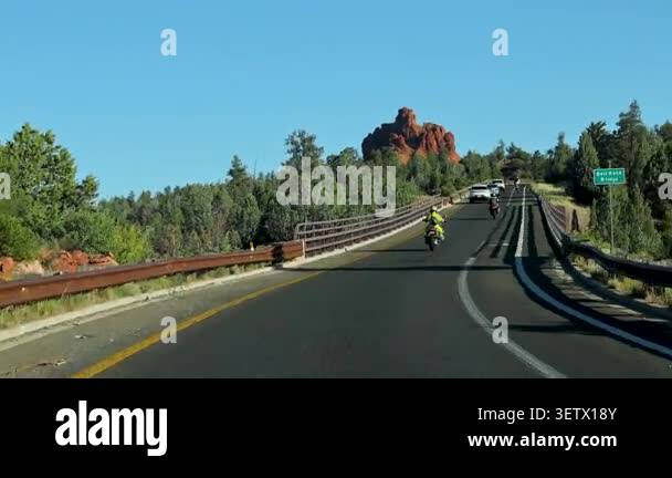 Sedona Red Rock Roadway Bridge Through Juniper Forest Drive Pov. High ...