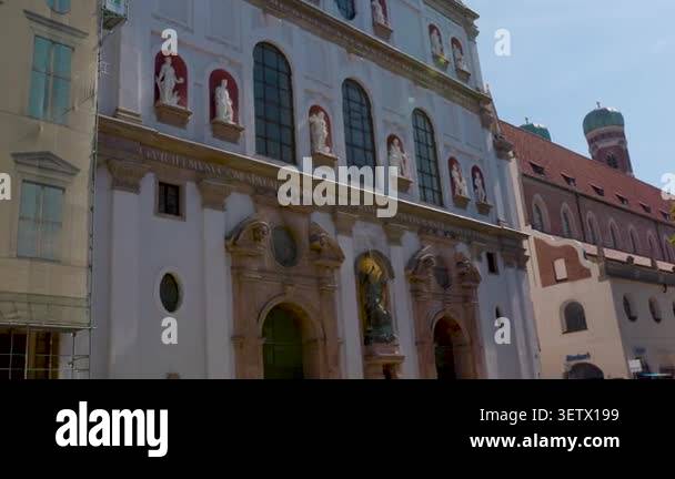 Munich Historic Church Facade With Painted Saints And Arches. High ...