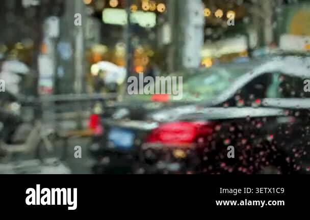 Rainy Tokyo Street Traffic Blurred Vehicle Windshield View Scene. High ...