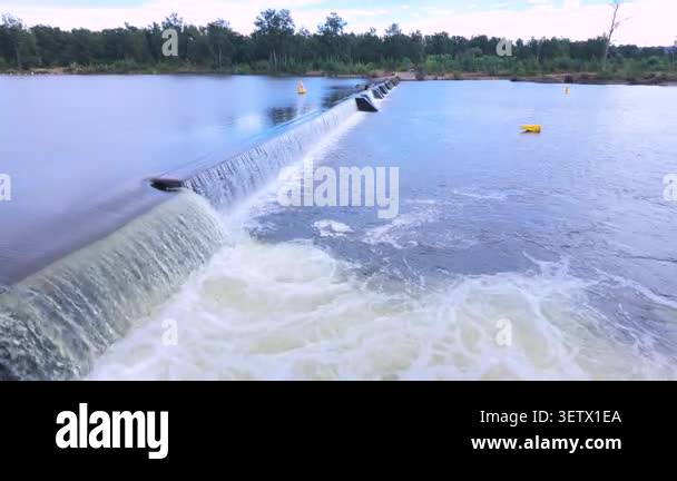 Footage of the Nepean River flowing over the Penrith Weir near the ...