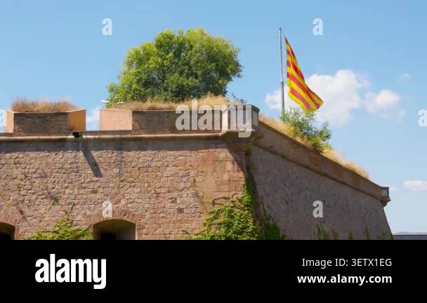 Barcelona Spain Catalonia Flag Flying Over Castle Wall. High quality 4k ...