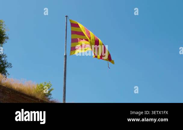 Barcelona Spain Catalonia Flag Waving on Hilltop View. High quality 4k ...