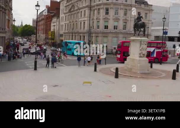 London Equestrian Statue Plaza With Red Double Decker Buses. High ...