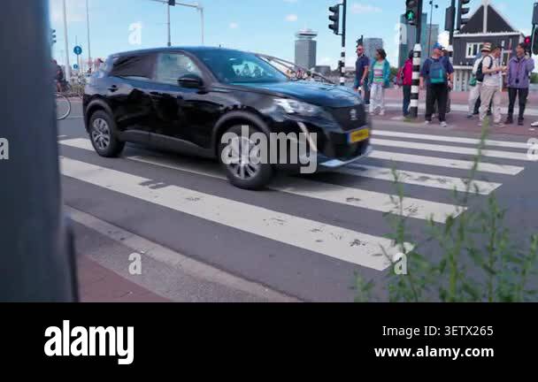 Amsterdam Pedestrians Crossing Busy Street Close Up. High quality 4k ...