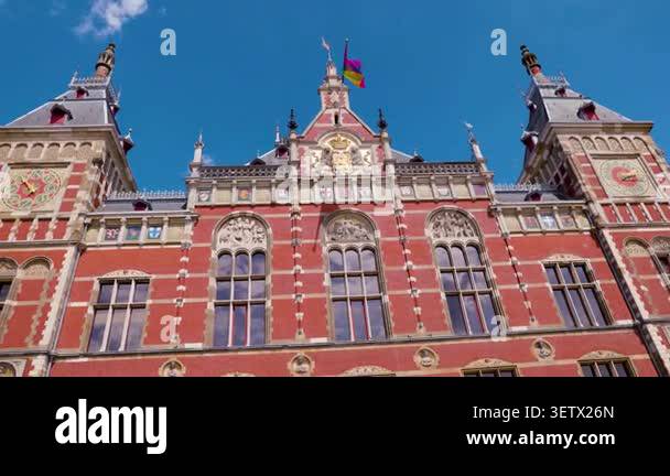 Amsterdam Centraal Station Red Brick Facade With Clock. High quality 4k ...