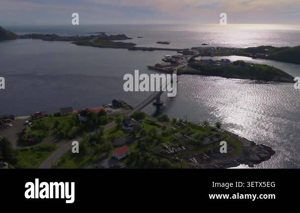 Aerial drone footage of Lofoten Islands, Norway showing a long bridge ...