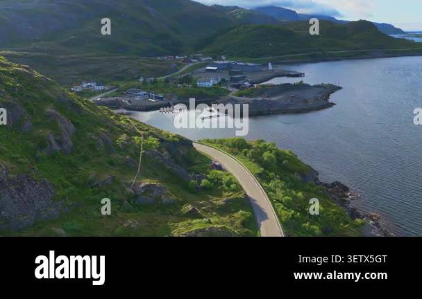 Stunning aerial view of a small Lofoten fishing community nestled ...