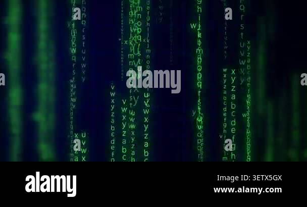 Neon Encrypted Digital Katakana Matrix Rain Alphabets Text. Dark ...
