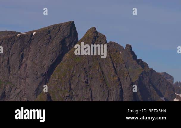 Stunning aerial view of jagged mountain peaks in Lofoten, Norway. Sharp ...