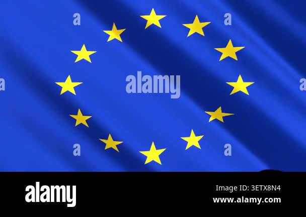 Waving flag of the European Union with twelve yellow stars on a blue ...