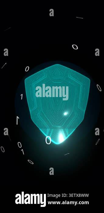 Portrait orientation of a glowing cyan holographic shield defends a ...
