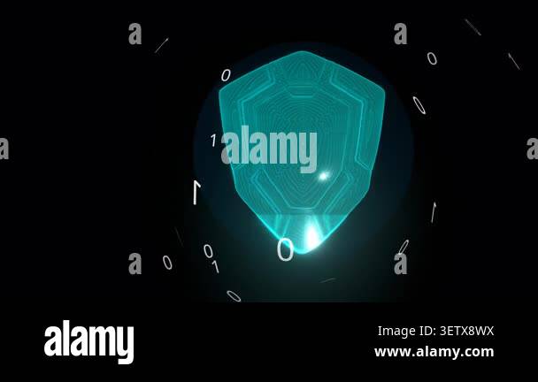 The camera pushes smoothly inward toward the glowing cyan security ...