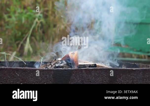 Close up of burning logs in a rusty metal barbecue grill, with white ...