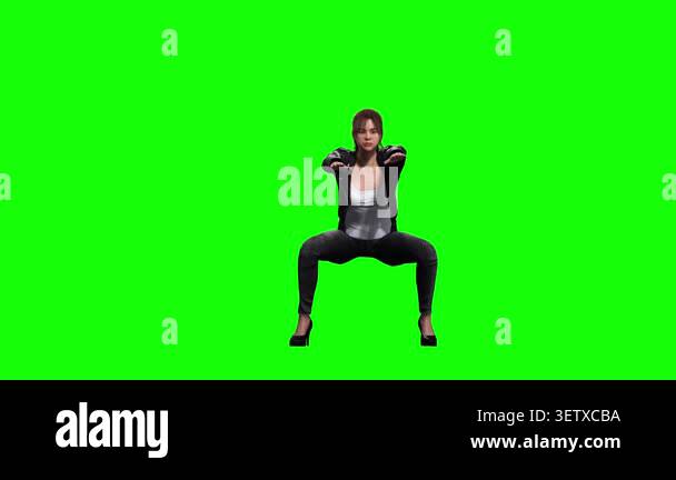 Sporty woman doing energetic fitness moves on green screen chromakey ...