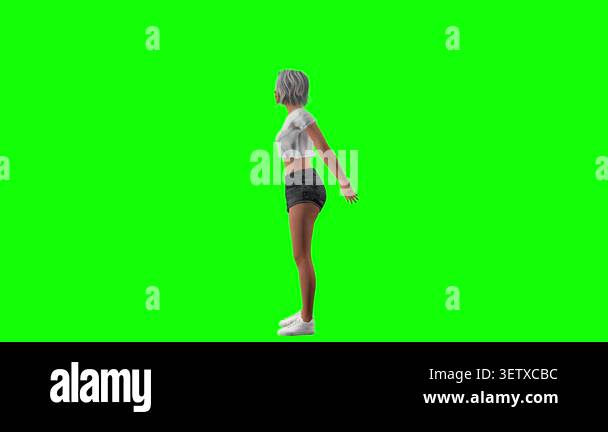 Female fitness character walking naturally on green screen chromakey ...