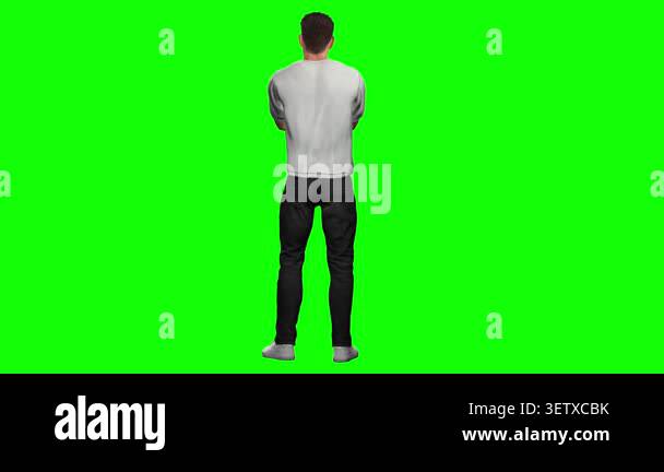 Casual male character rear view relaxed stance isolated on green screen ...