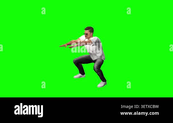 Sporty man stepping forward during light exercise on green screen ...