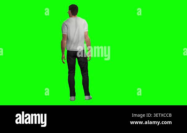 Young adult male standing back view neutral posture isolated on green ...