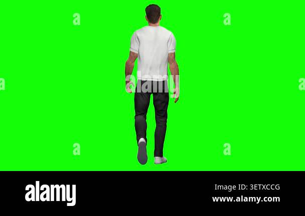 Male character walking away with casual catwalk style on green screen ...