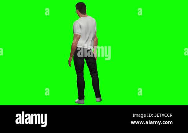 Casual male character rear stance slight body shift isolated on green ...