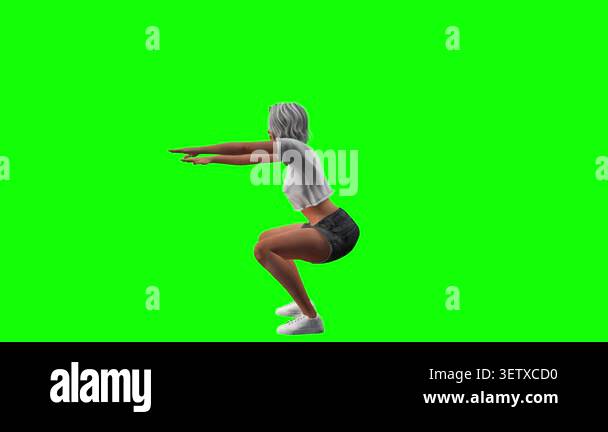 Side view of woman performing fitness stance on green screen chromakey ...