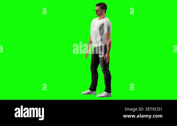 Male character relaxed side profile pose on green screen chromakey ...