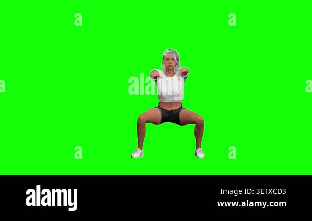 Sporty female character standing ready for workout on green screen ...