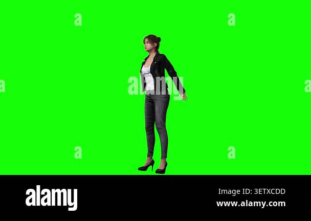 Female athlete performing light exercise movement on green screen ...