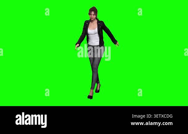 Stylish woman walking naturally with catwalk influence on green screen ...