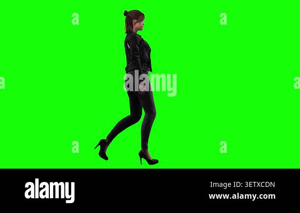 Female character walking with dynamic catwalk movement on green screen ...