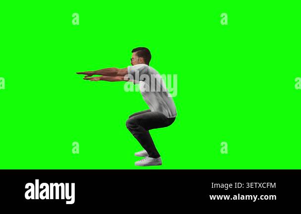 Side view of male athlete standing on green screen chromakey background ...