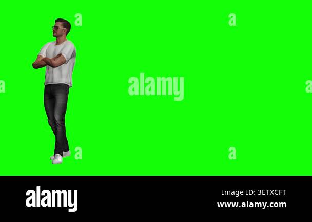 Male model walking forward in relaxed catwalk style on green screen ...