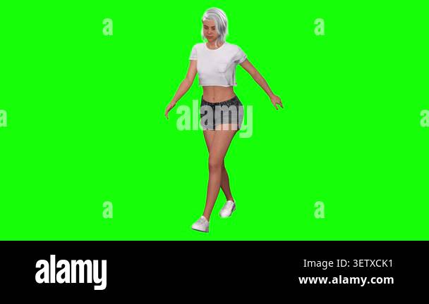 Female character walking lightly with relaxed catwalk style on green ...