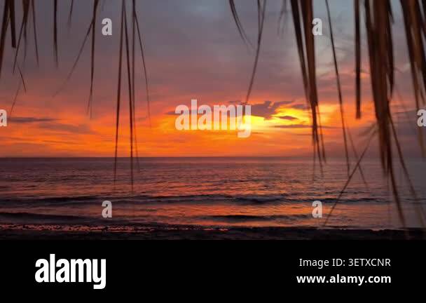 Vibrant coastal sunset with intense orange, pink, and purple hues ...