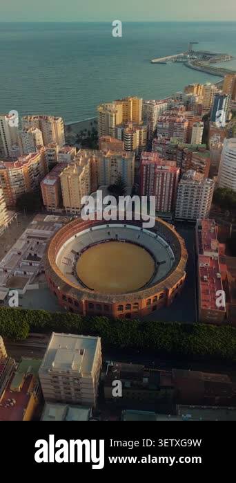 Malaga, Spain - September 8, 2025: Vertical drone view of La Malagueta ...