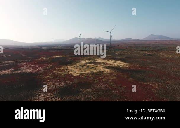 Drone flight over a wind farm in Fuerteventura, Canary Islands, Spain ...