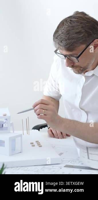 Professional architect concentrating on building a miniature paper ...