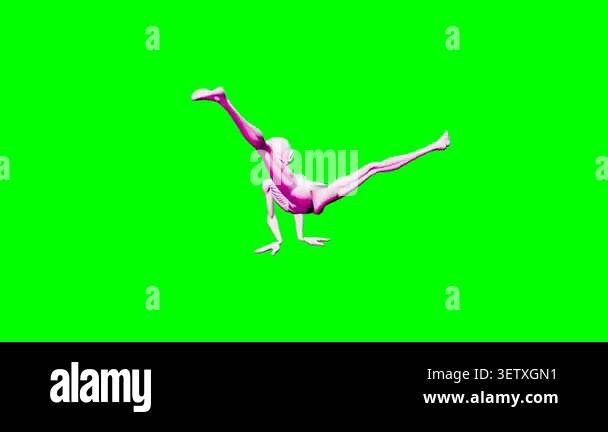 A stylized pink and white alien performs acrobatic breakdance moves and ...