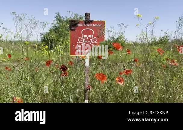 The Ukrainian sign reads "Danger Mines". Rusty skull-and-crossbones ...