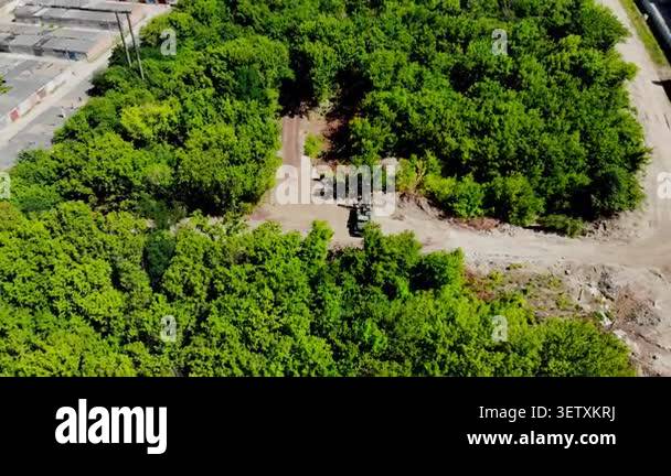 Aerial drone view of a mobile geotechnical drilling rig conducting soil ...